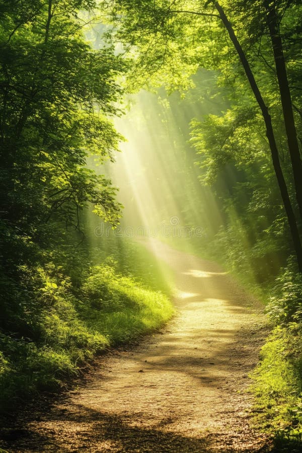 Sunlight Streaming through Trees Illuminating Serene Forest Pathway ...