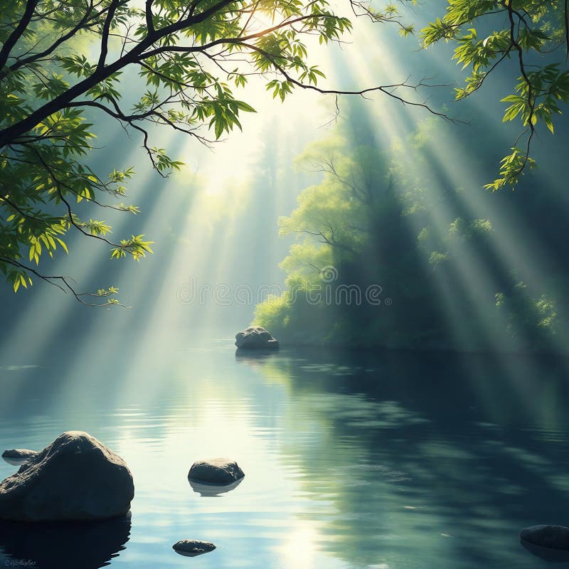 Sunlight Streaming Trees Over Tranquil Forest Pond Stock Photos - Free ...