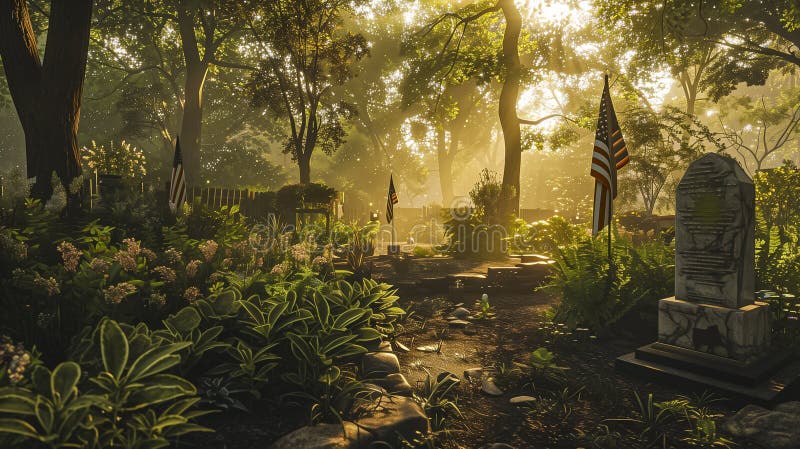 Sunlight Streaming through Trees in a Peaceful Cemetery Adorned with ...