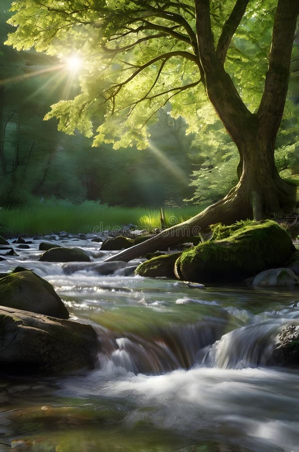 Stream with Sunlight Streaming through Trees Stock Illustration ...