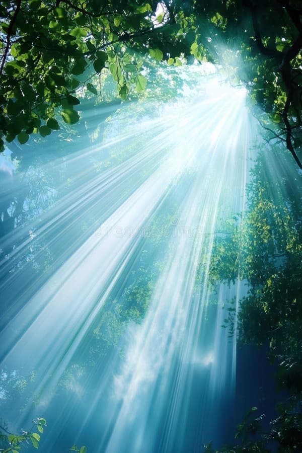 Sunlight Streaming through Trees in Serene Forest Setting. Stock Image ...