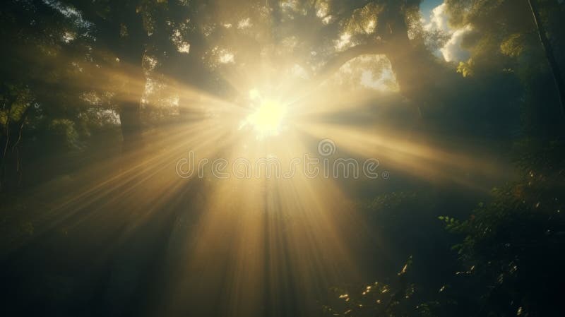 Sunlight Streaming through the Trees in a Serene Forest Stock ...