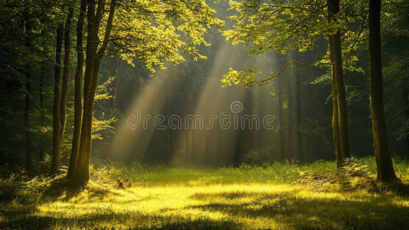 Sunlight Streaming through Trees in a Tranquil Forest Setting ...