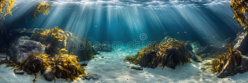 Sunlight Streaming in Underwater Ocean Scene with Kelp and Rocks ...