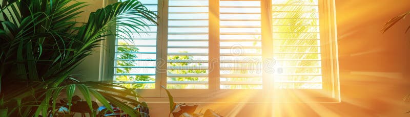 Sunlight Streaming through Window Blinds into a Cozy Room with Green ...