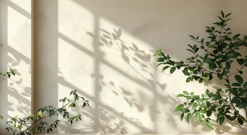 Sunlight Streaming through Window Casting Leaf Shadows on White Wall ...