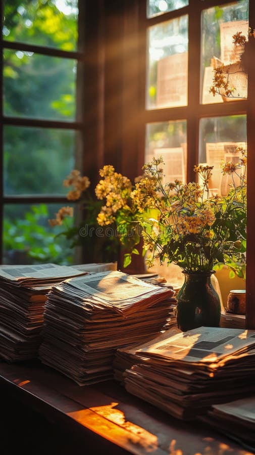 Sunlight Streaming through a Window Illuminates Newspapers on a Wooden ...