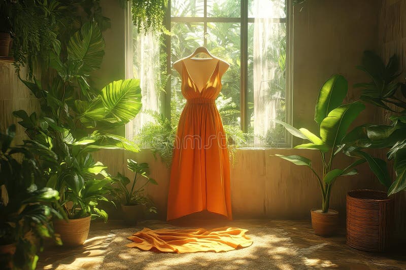 Sunlight Streaming through Window Illuminates Yellow Dress and Lush ...