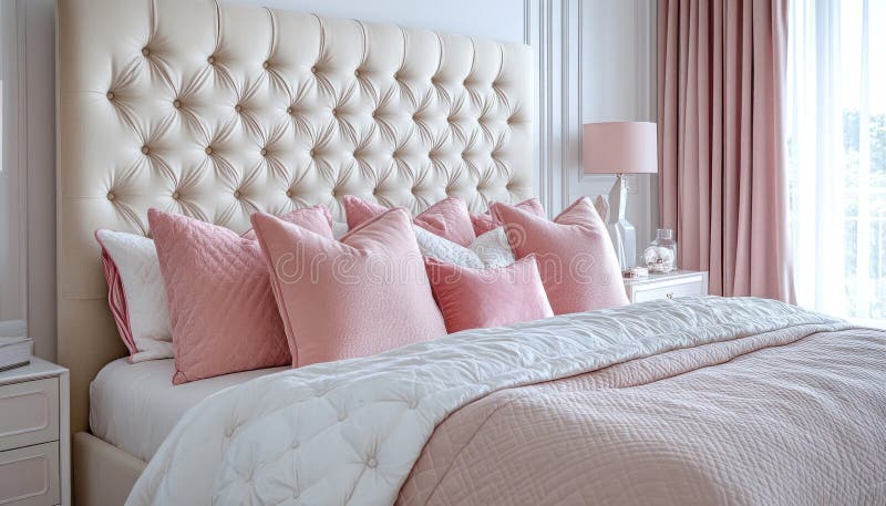 Modern Bedroom Interior with Large Comfortable Bed Featuring White and ...