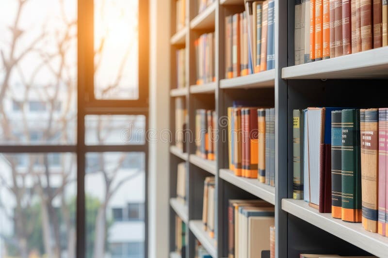 Sunlight Streaming through Window in Modern Library with Bookshelves ...