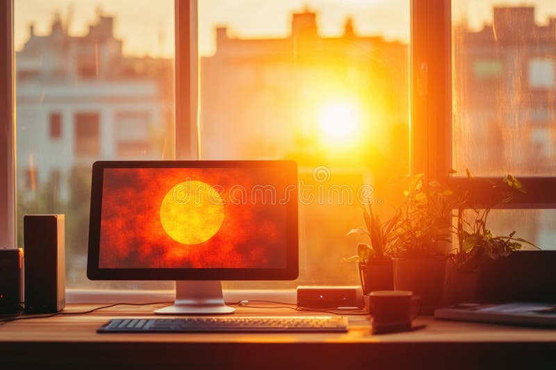 Sunlight Streaming through Window Over Workspace with Computer ...