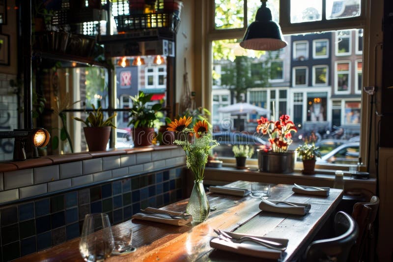 Empty Restaurant Table by the Window with Flowers in a Vase Waiting for ...