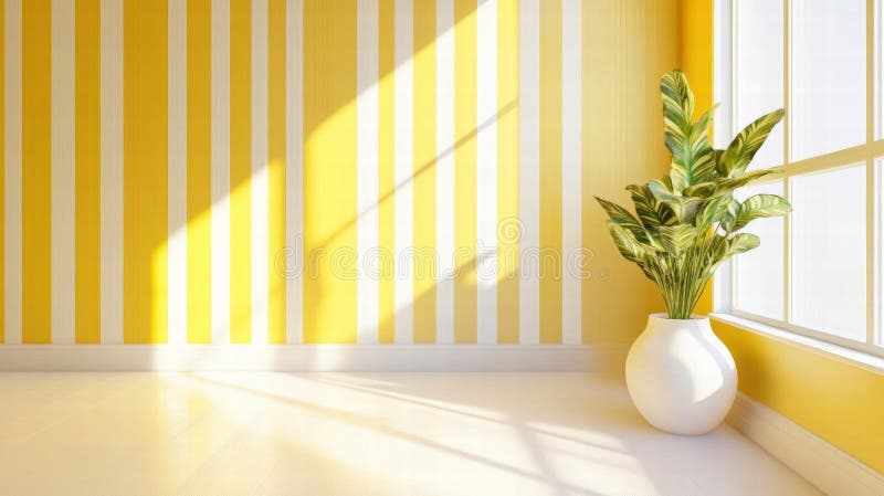 Sunlight Streaming through a Window in a Room with Yellow Striped Walls ...