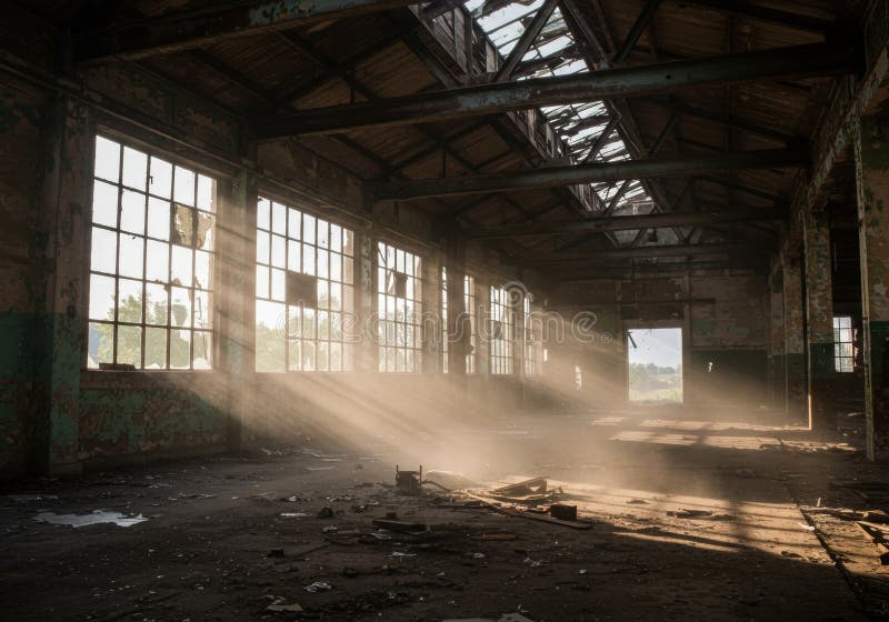 Sunlight Streaming through Windows of an Abandoned Industrial Warehouse ...