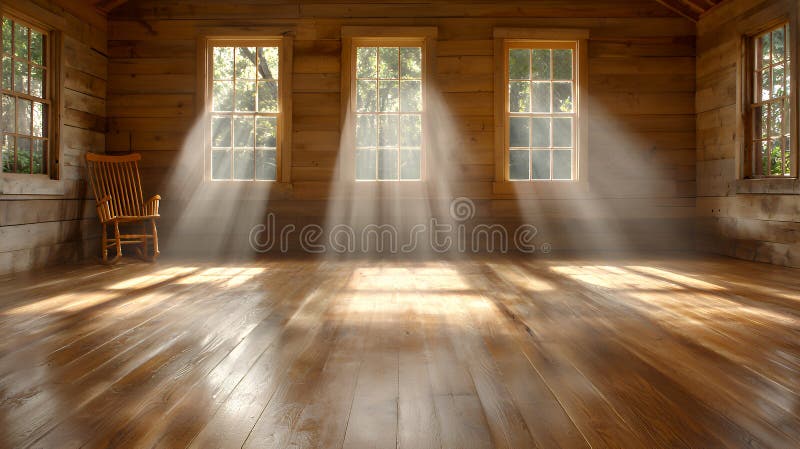 Sunlight Streaming through Windows into Empty Log Cabin with Chair ...