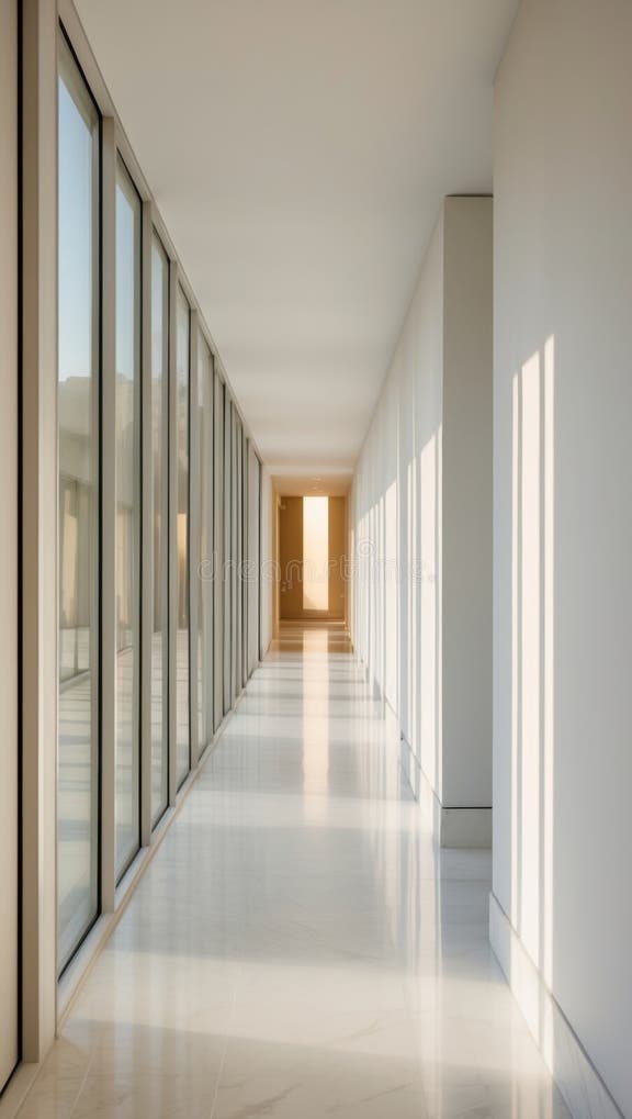 Sunlight Streaming through Windows in a Long Hallway. Stock Image ...