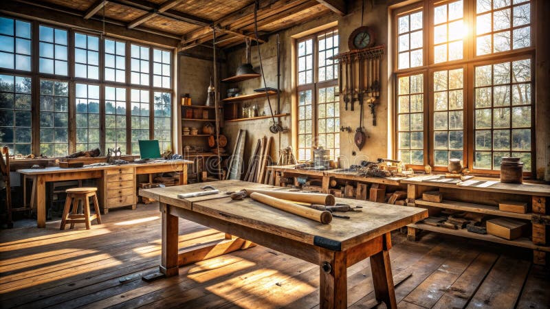 Sunlight Streaming through Windows in a Rustic Woodshop, Woodshop ...