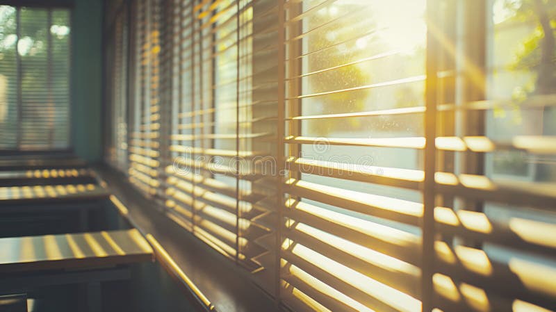 Sunlight Streams through Blinds, Casting Striped Shadows on Desks in an ...