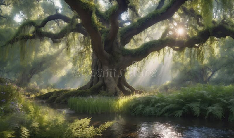 Sunlight Streams through the Branches of a Large, Moss-covered Tree in ...