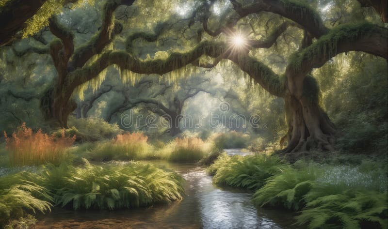 Sunlight Streams through the Branches of Moss-draped Trees ...