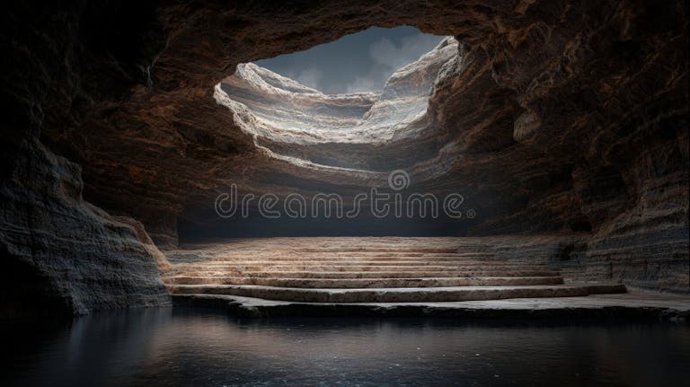 Sunlight Streams into a Cavern with a Pool of Water. Stock Illustration ...