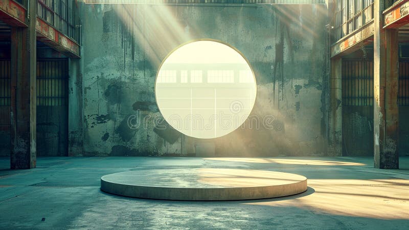 A Sunlit Industrial Space with Circular Opening and Platform at Midday ...
