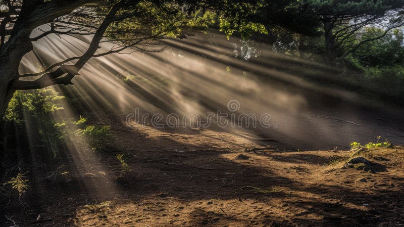 Ethereal Rays through Forest Trees Stock Photo - Image of tranquility ...