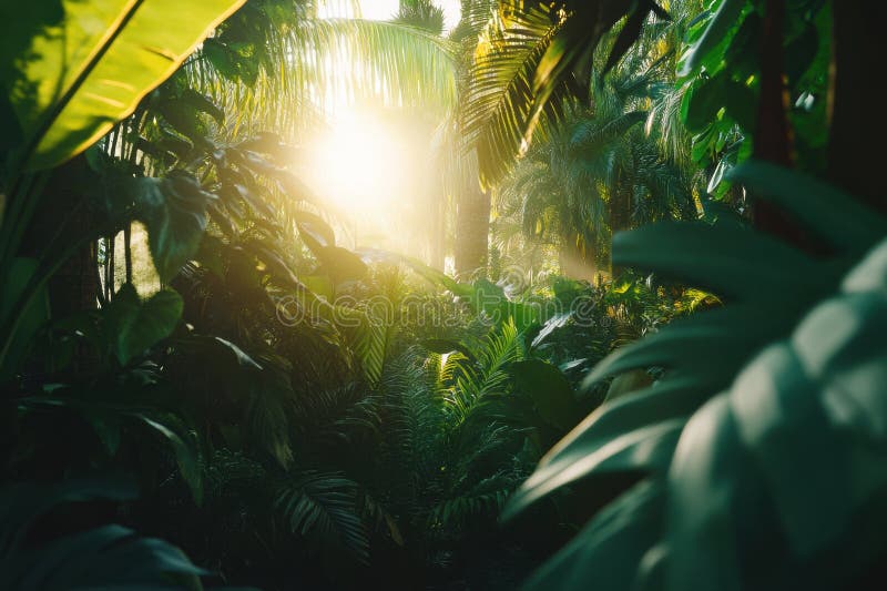Sunlight Streams through Dense Greenery in a Tropical Forest, Creating ...