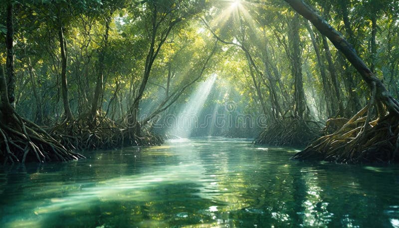 Sunlight Streams through Dense Mangrove Forest Over a Calm River in a ...