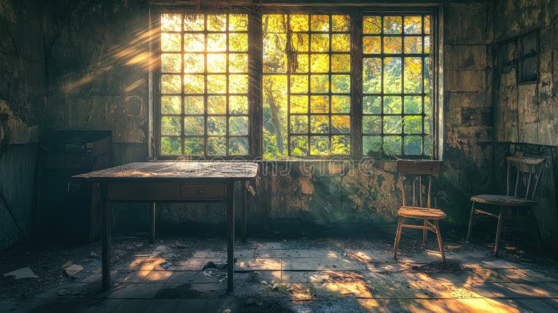 Sunlight Streams into a Dilapidated Room with a Wooden Table and Chairs ...