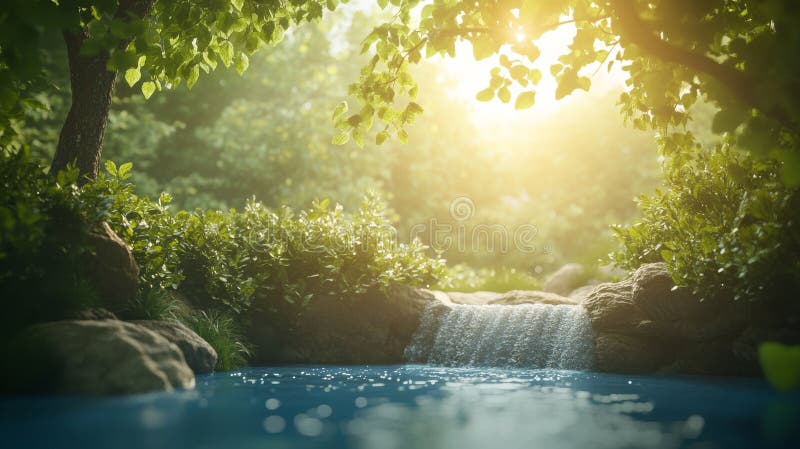 Sunlight Streams Down As a Waterfall Tumbles into a Verdant Forest Pool ...