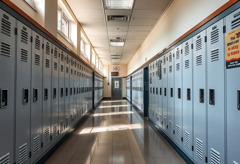 Sunlight Streams Down a School Hallway Lined with Gray Metal Lockers ...