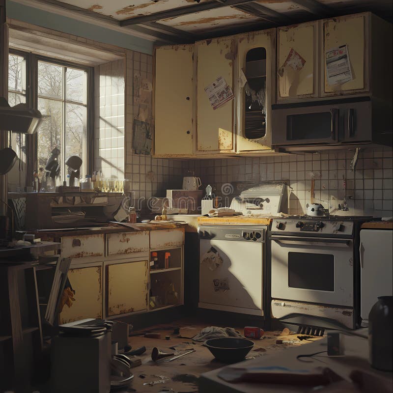 Abandoned Kitchen with Worn Cabinets and Clutter in a Sunlit Space at ...