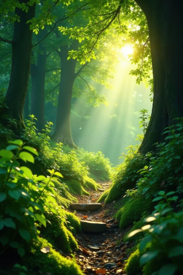 Sunlight Streams through Emerald Leaves, Illuminating Mossy Path, Sun ...