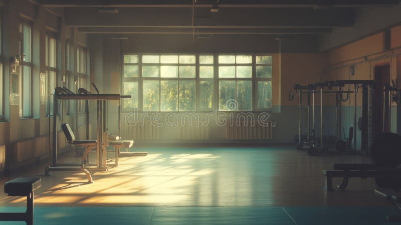 Sunlight Streams into Empty Gym through Large Windows Stock ...