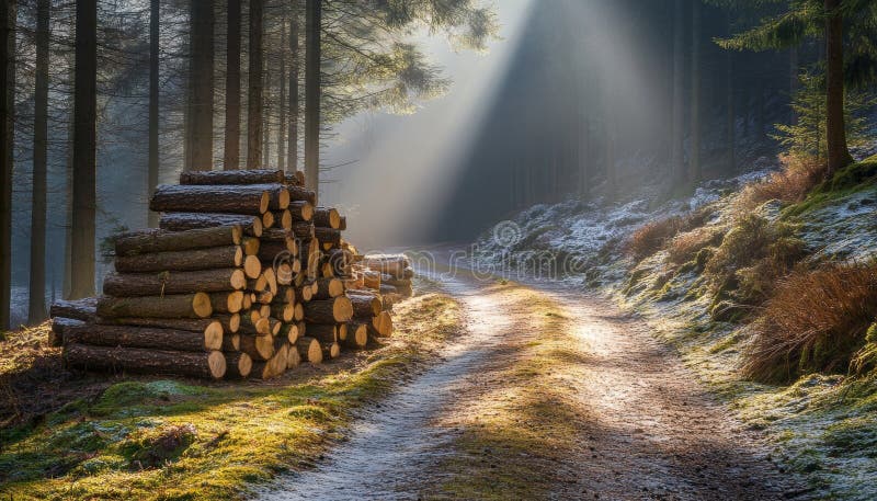 Sunlight Streams through a Forest Path Shining Onto Cut Pine Logs ...