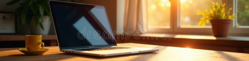 Sunlight Streams, Laptop Screen Glows, Coffee Steams, Home Office, Work ...