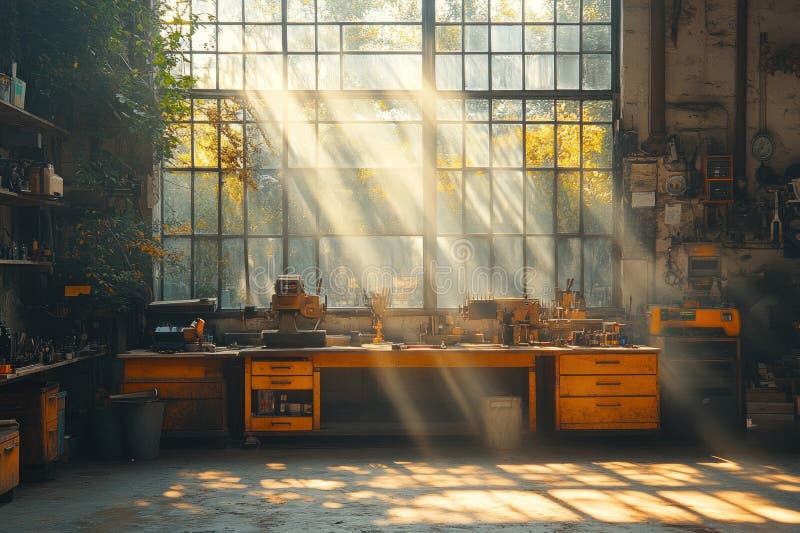 Sunlight Streams through a Large Window in an Industrial Workspace ...