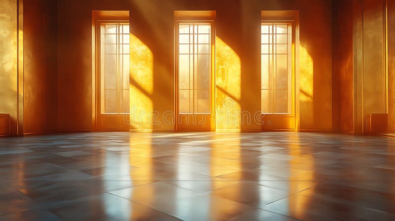 Sunlight Streams through Large Windows in an Empty Room with a Tiled ...