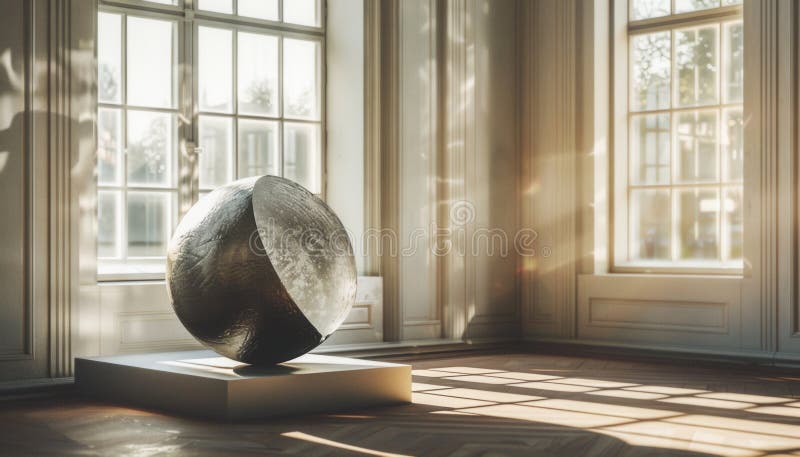 A Metallic Sphere Sculpture on a Pedestal Illuminated by Sunlight in a ...