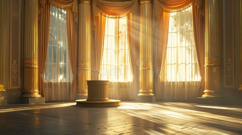 Sunlight Streams through Large Windows in an Opulent Hall with Golden ...
