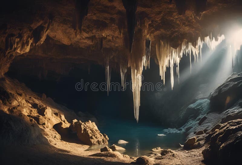 Sunlight Streams through a Limestone Cave, Illuminating Stalactites and ...