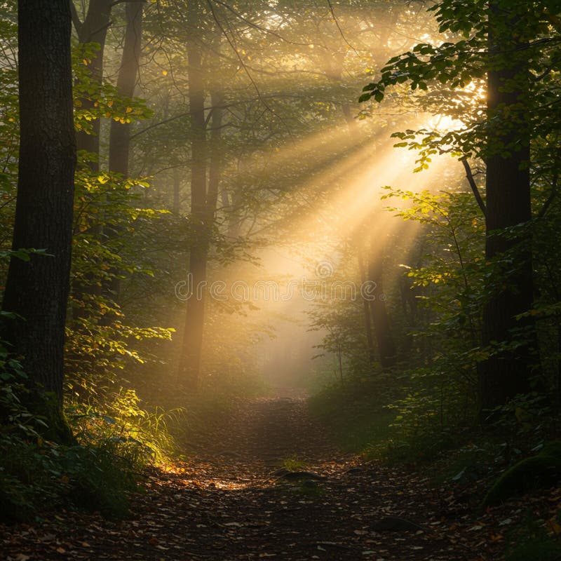 Sunlight Streams through a Lush Forest Canopy, Creating Beams of Light ...