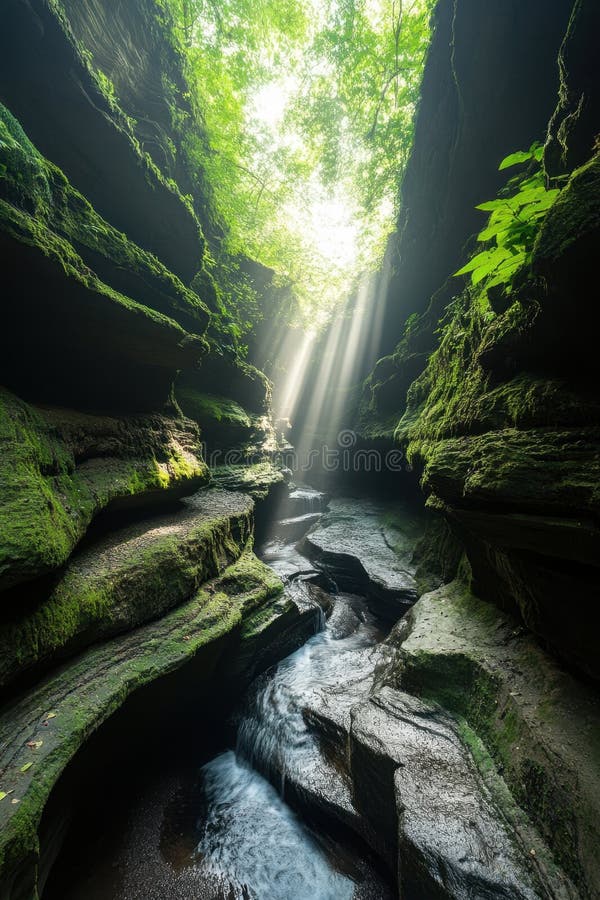 Sunlight Streams through Lush Green Gorge Capturing Natures Serene Beauty. Stock Image - Image ...