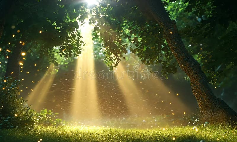 Sunlight Streams through a Magical Forest Filled with Glowing Fireflies ...