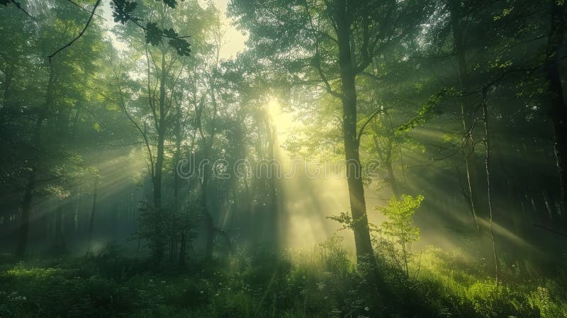 Sunlight Streams through a Misty Forest, Casting Rays of Light among ...