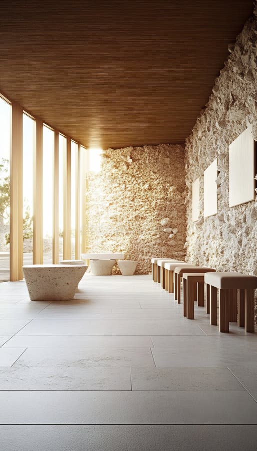 Sunlight Streams into a Modern Hall with Stone Walls, Wooden Ceiling ...
