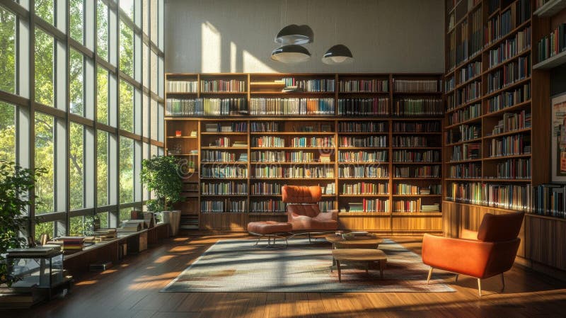 Sunlight Streams into a Modern Library, Illuminating Bookshelves and ...