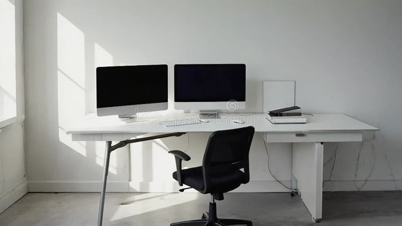 Modern Minimalist Home Office Setup with Dual Monitors and Natural ...
