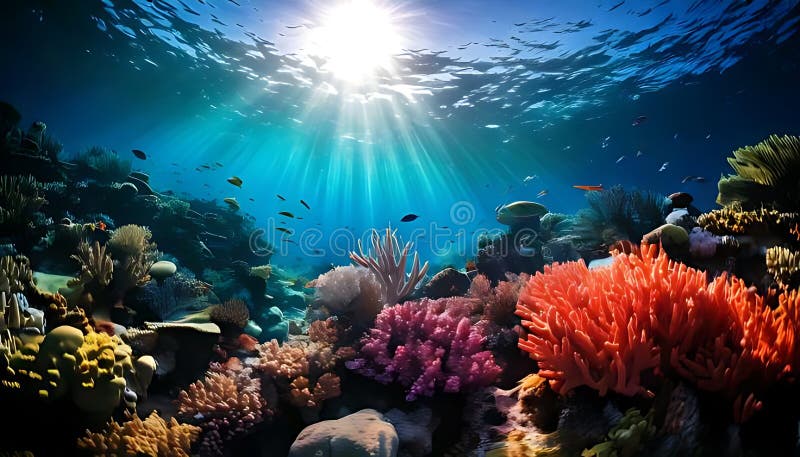 Sunlight Streams through Ocean Surface, Illuminating a Vibrant, Diverse ...